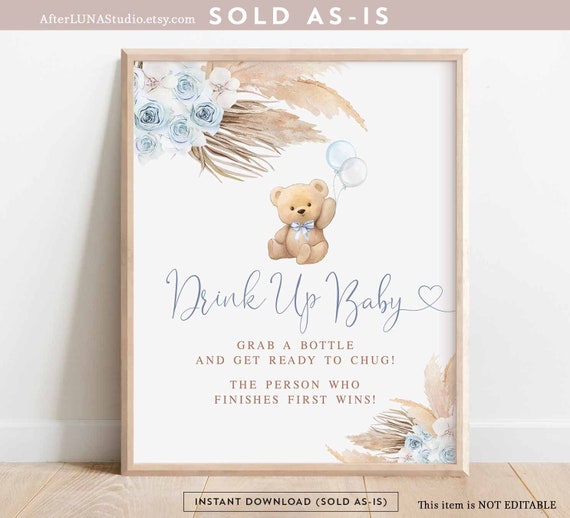 Boho Teddy Bear Baby Shower Dirty Diaper Game Sign Bohemian Pampas ...