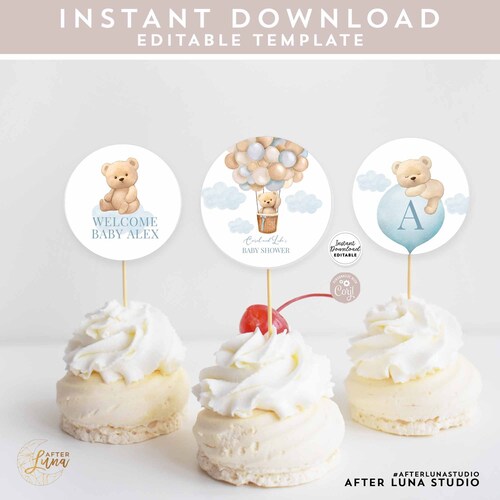 Blue Teddy Bear Baby Shower Cupcake Toppers Bear Balloon - Etsy