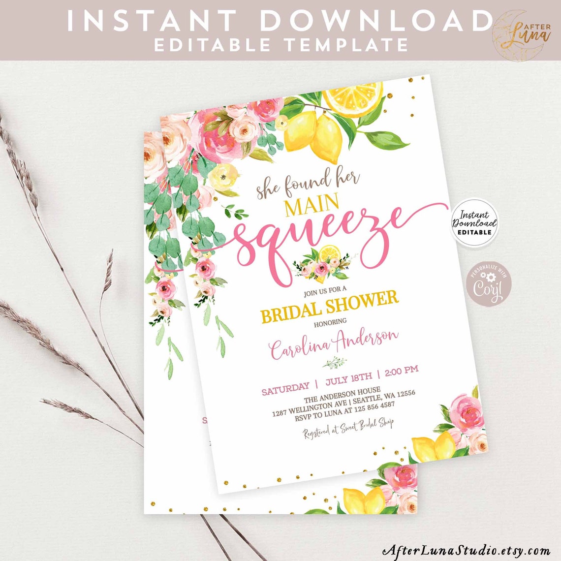 Editable Lemon Bridal Shower Invitation Pink Floral Citrus She Found ...