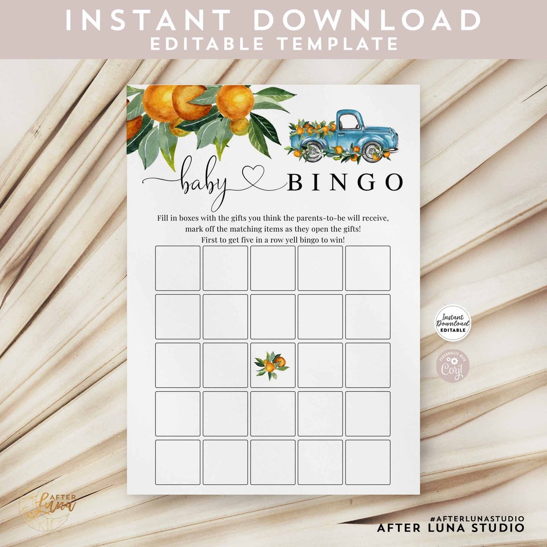 Editable Baby Shower Baby Bingo Game Blue Truck Orange A Little Cutie ...
