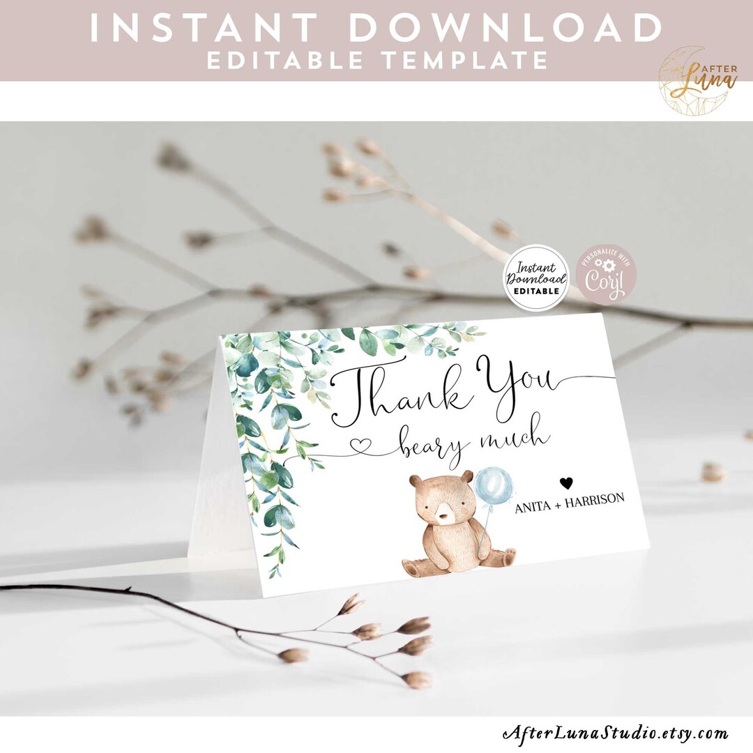Editable Greenery Teddy Bear Thank You Beary Much Folded Card Baby ...