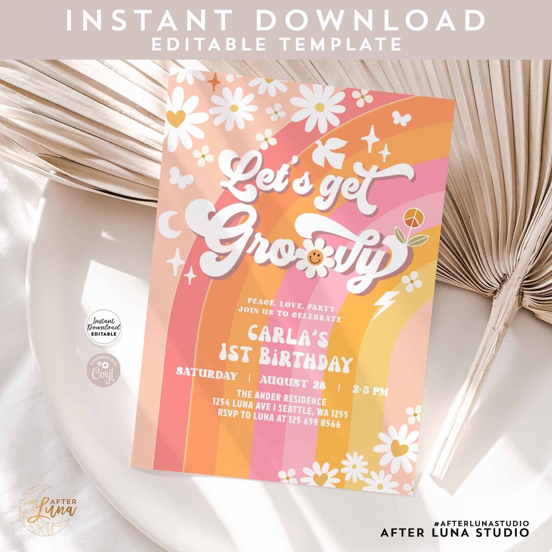 Editable Let's Get Groovy Birthday Invite Bright Pink Peach Two Groovy ...