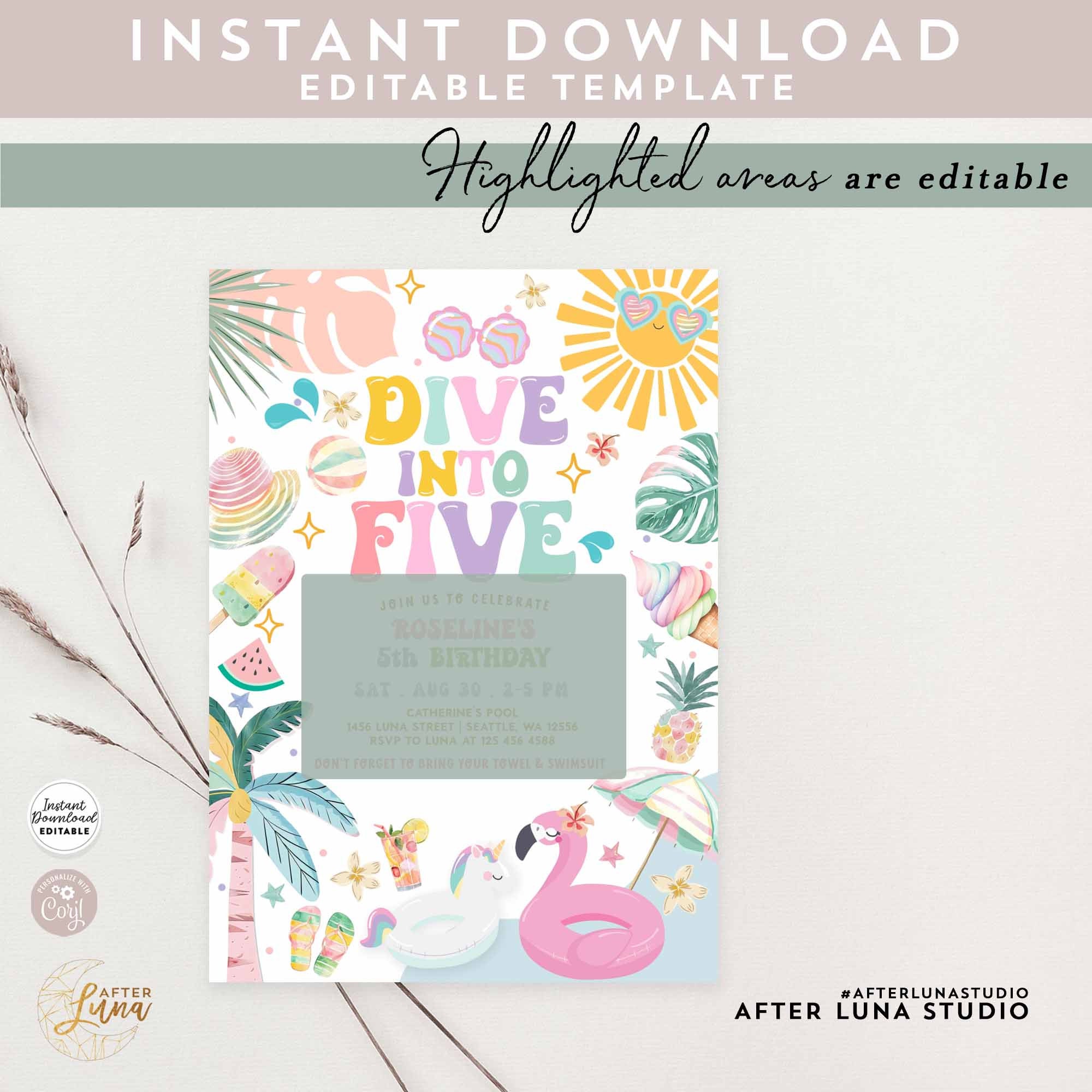 Tropical Dive Into Five 5th Birthday Invitation: Beach Pool Party ...