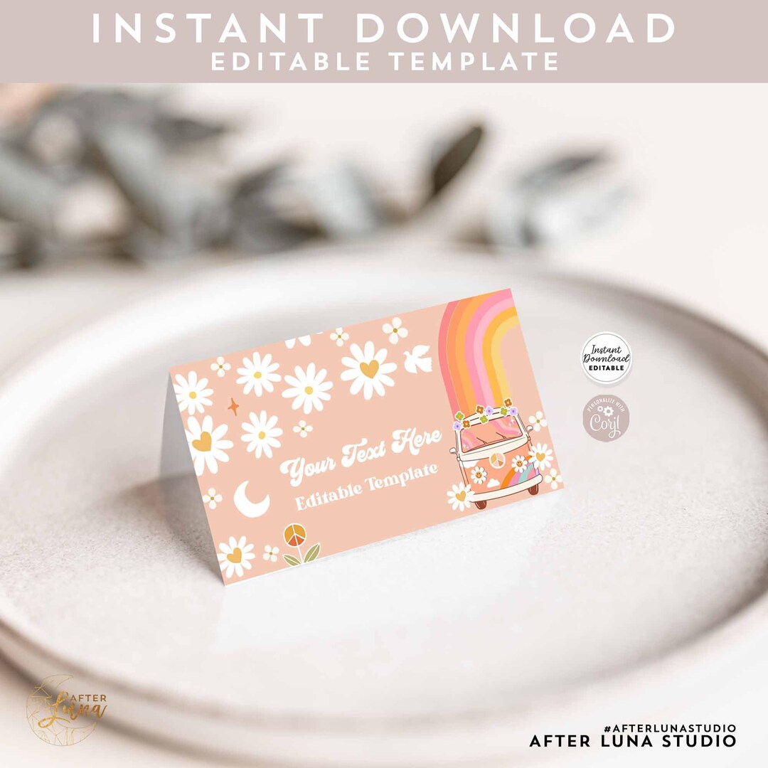 Editable Pink Peach Daisy Rainbow Groovy Van Birthday Folded Place Card ...
