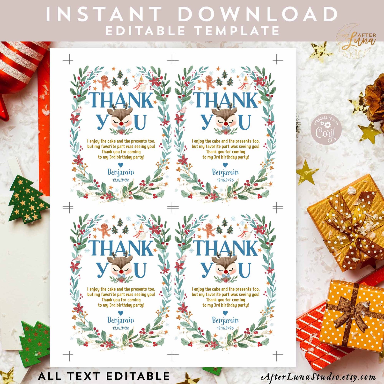 Editable Christmas Boy Reindeer Birthday Thank You Flat Card Reminder ...
