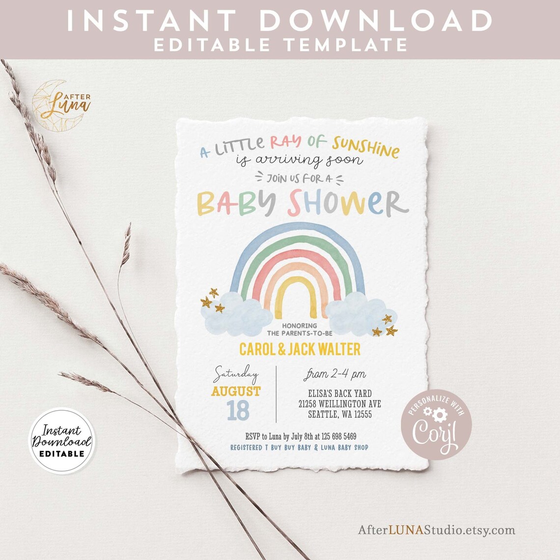 Editable Rainbow Baby Shower Invitation Gender Neutral Little Ray of ...