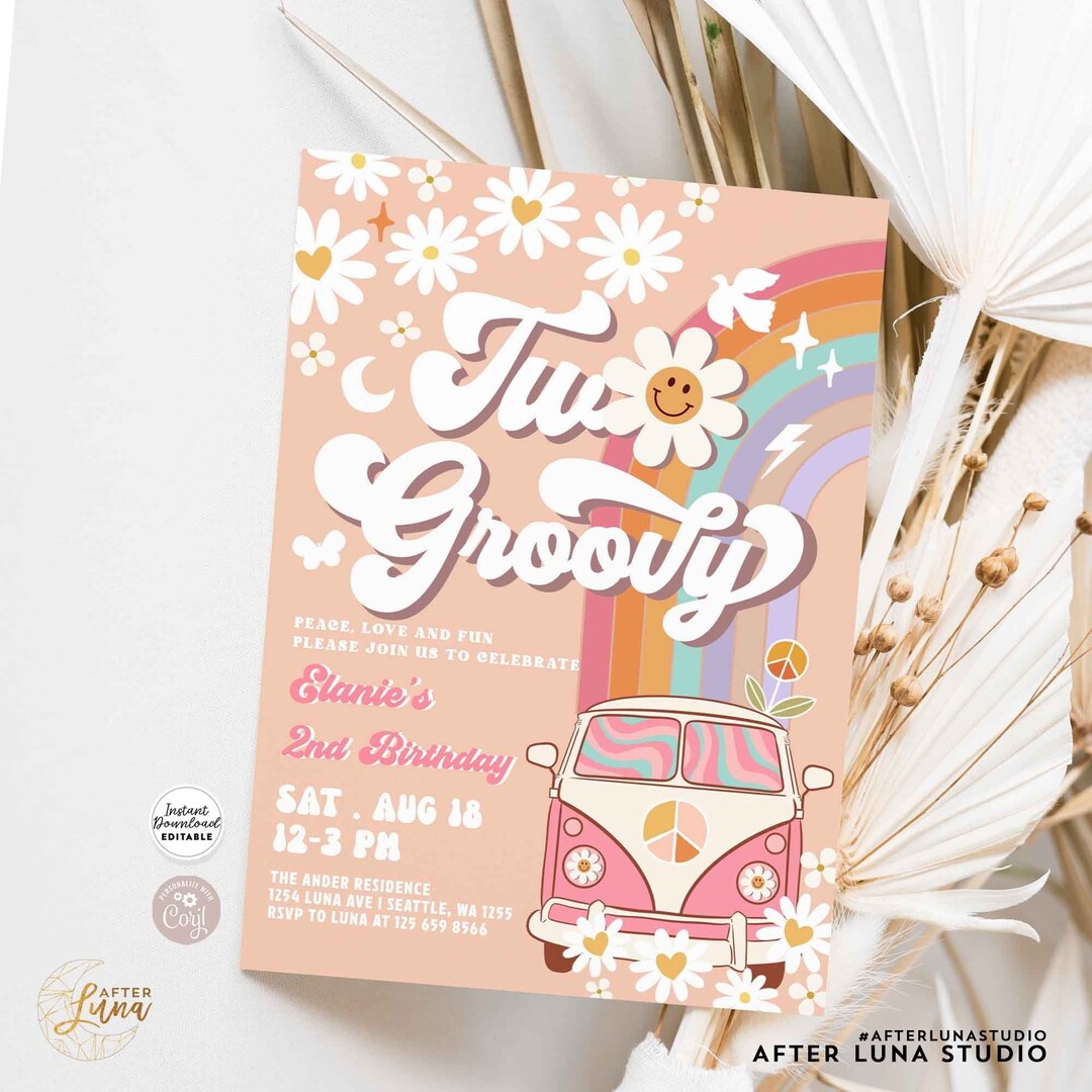 Editable Two Groovy Invite Groovy 2nd Birthday Invite Pink - Etsy