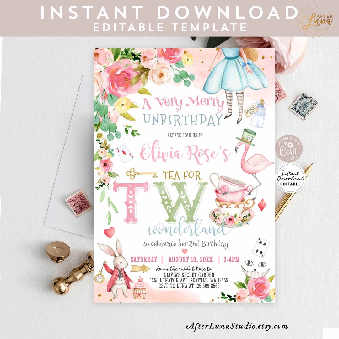 Editable Merry Unbirthday Alice in Wonderland Invitation Tea for TWO ...
