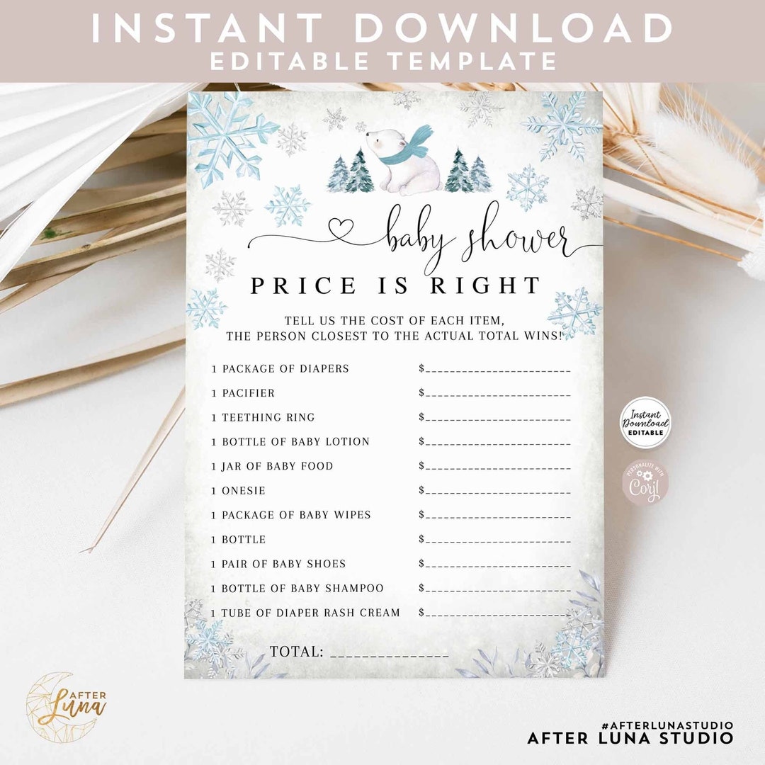 Editable Winter Blue Snowflake Boy Polar Bear Baby Price is Right Game ...