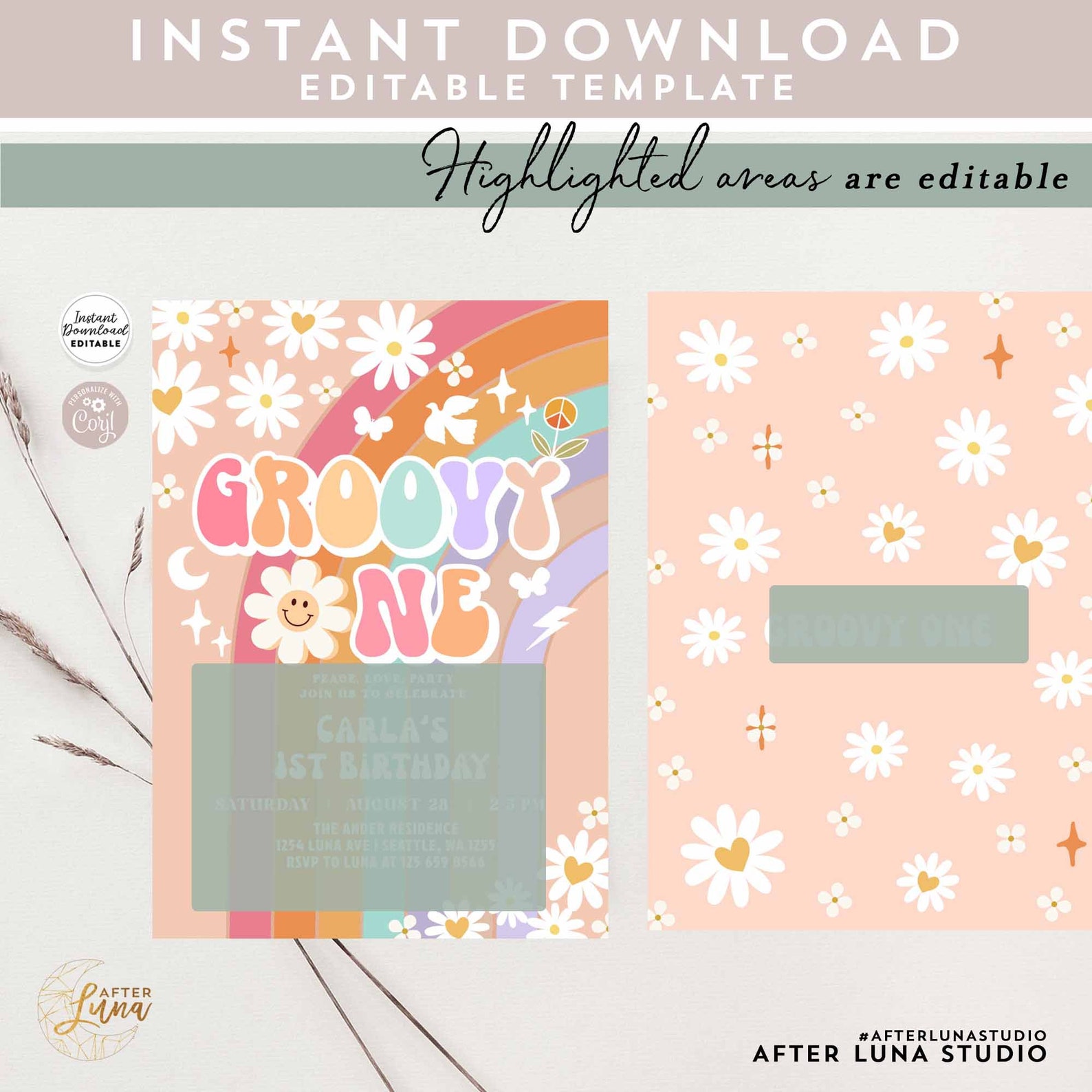 Editable Groovy One Invite Daisy Rainbow Groovy ONE 1st - Etsy