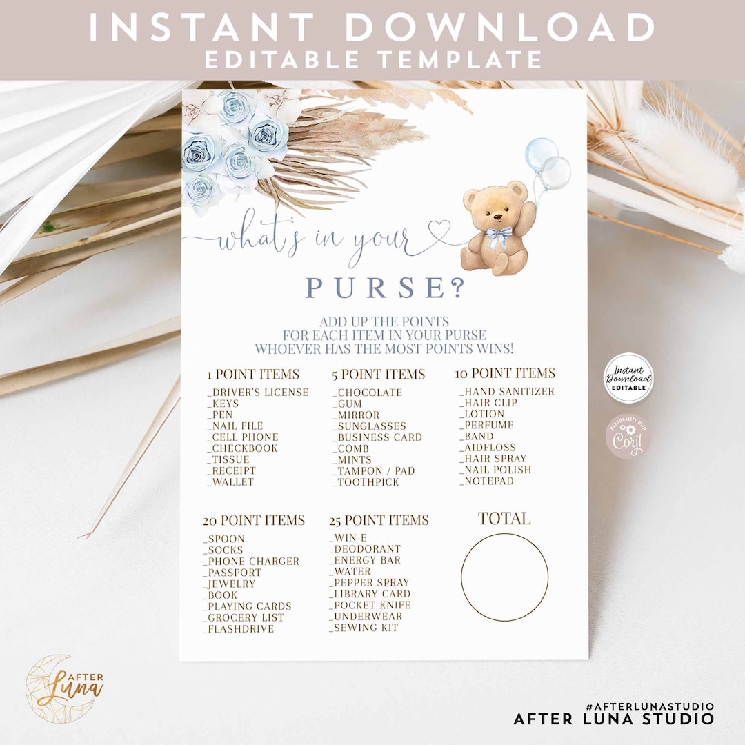 Boho Bear Baby Shower Game: What's in Your Purse, Baby Boy (digital ...