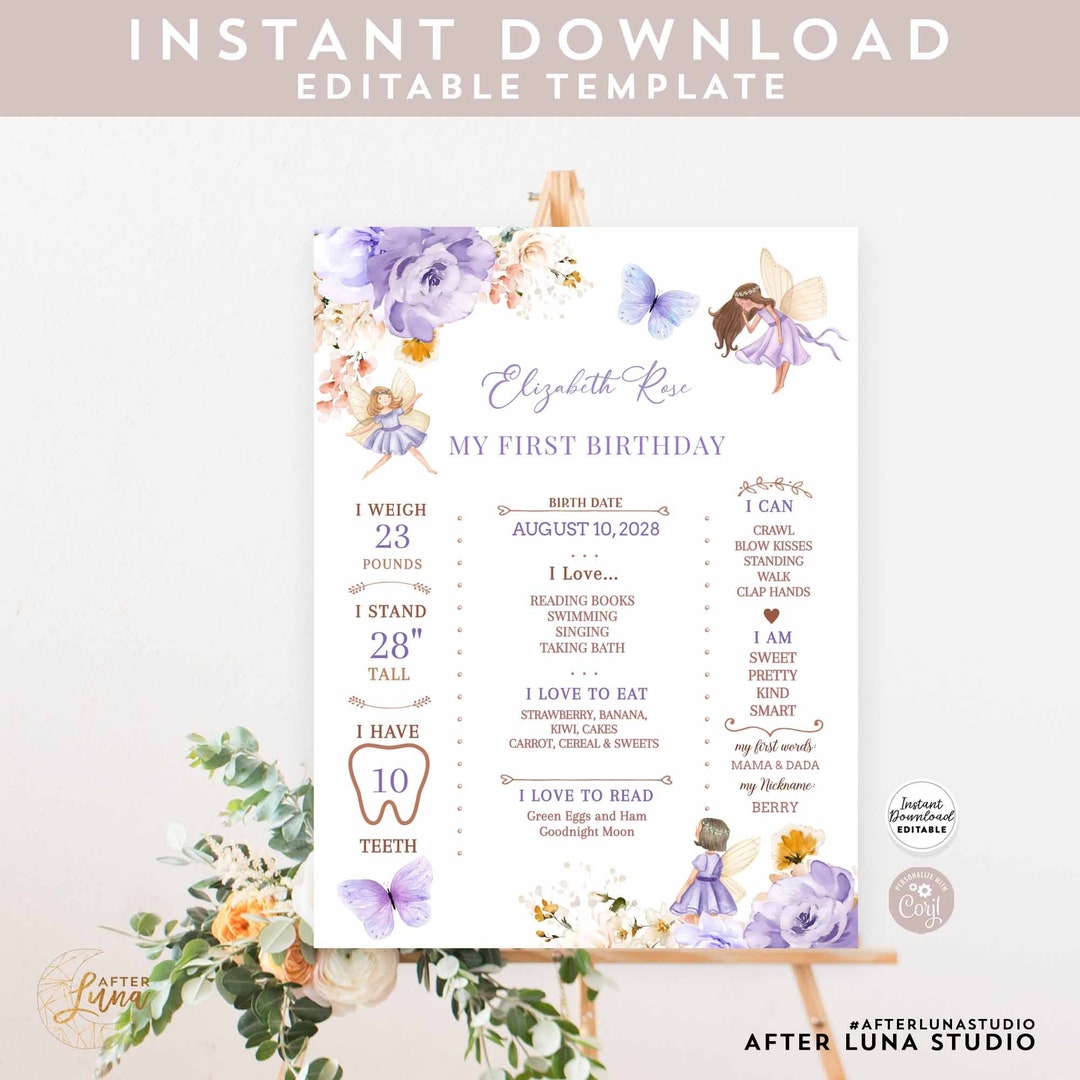 Editable Blush Purple Lavender Fairy Birthday Milestone Poster Template ...