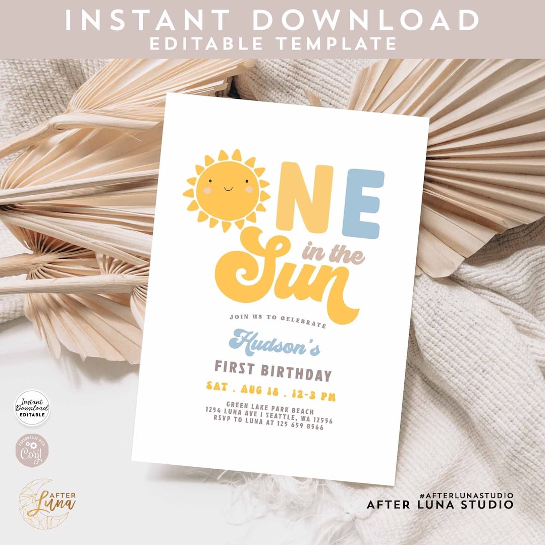 Editable Boy One in the Sun Birthday Invitation Little Sunshine ...