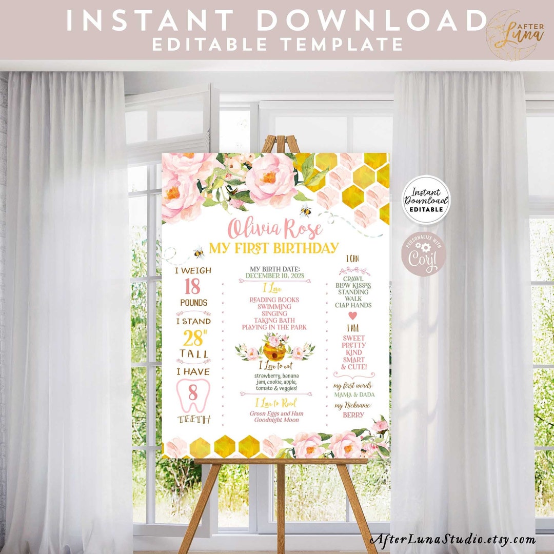Editable 16x20" 18x24" Pink Honey Bee Milestone Poster Template ...