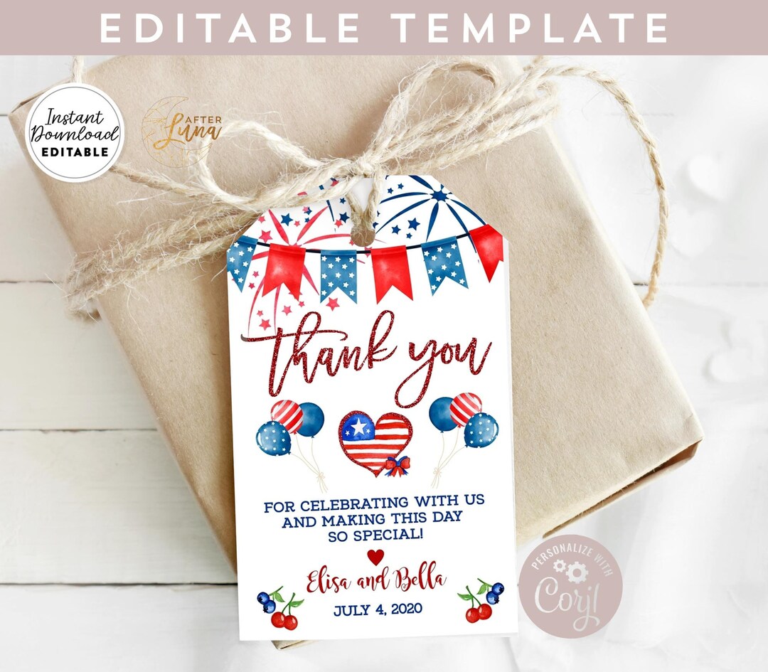 Editable 4th of July Thank You Favor Gift Tag July 4th Girl Birthday ...