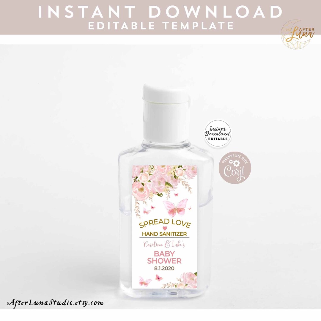 Etiqueta editable de desinfectante de manos con forma de mariposa en ...