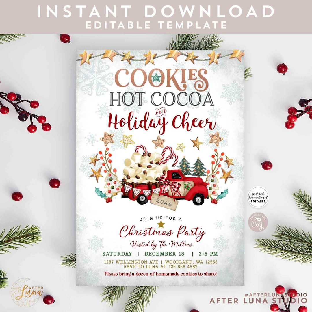 Editable Cookies Hot Cocoa Red Truck Christmas Holiday Party Invitation ...