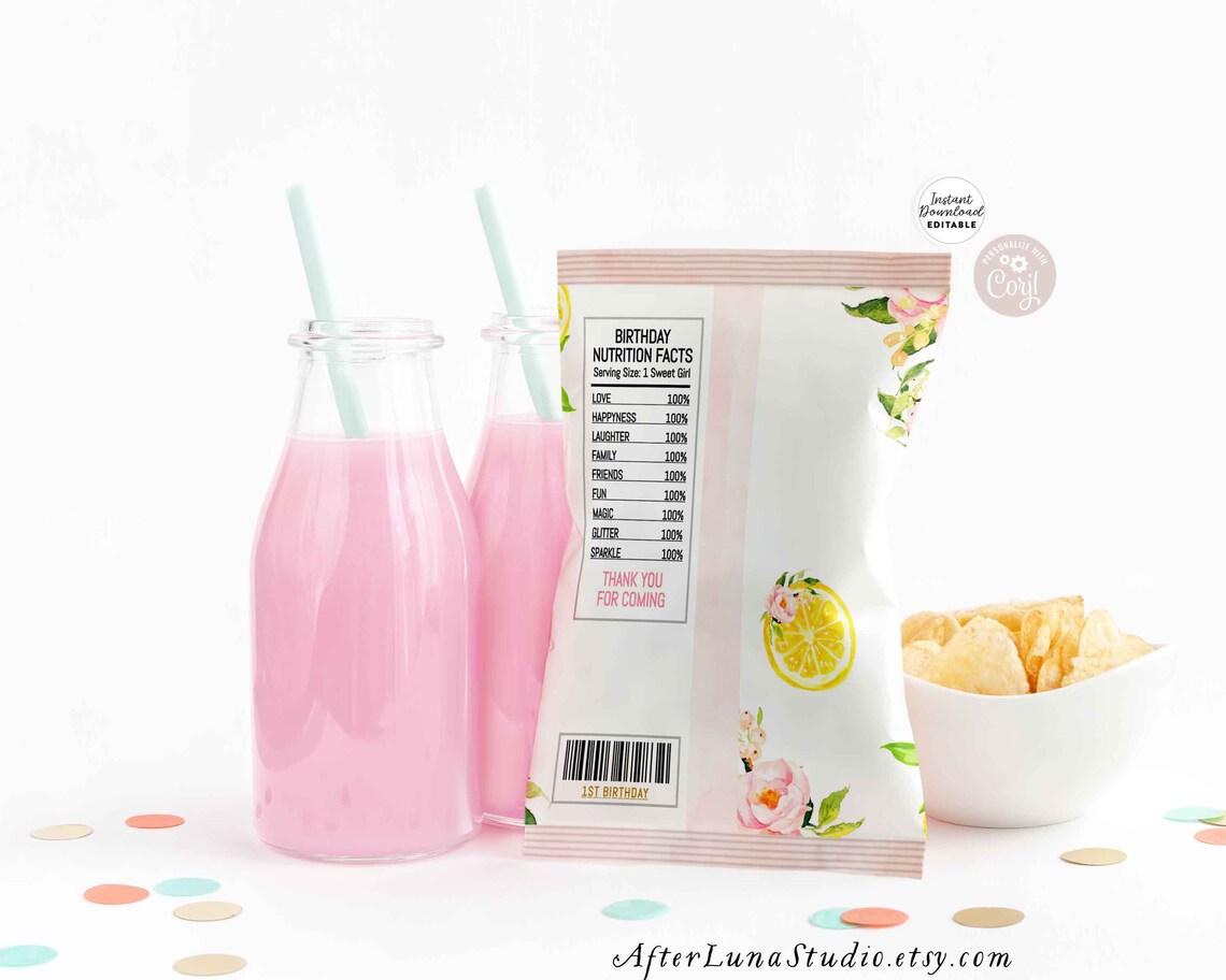 Editable ANY AGE Pink Lemon Lemonade Birthday Chip Bag Wrapper ...