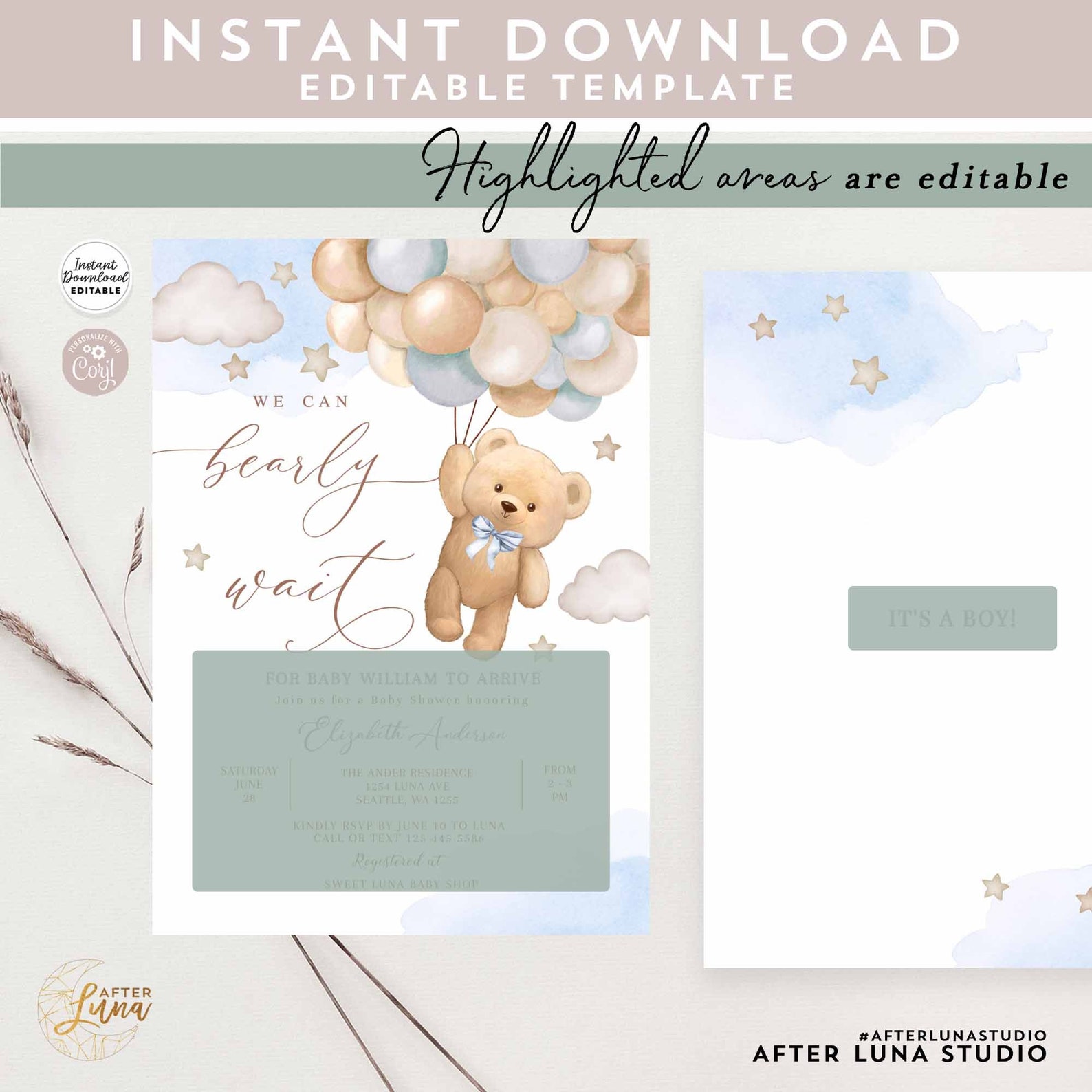 Editable Blue We Can Bearly Wait Teddy Bear Balloon Bear Theme Baby ...