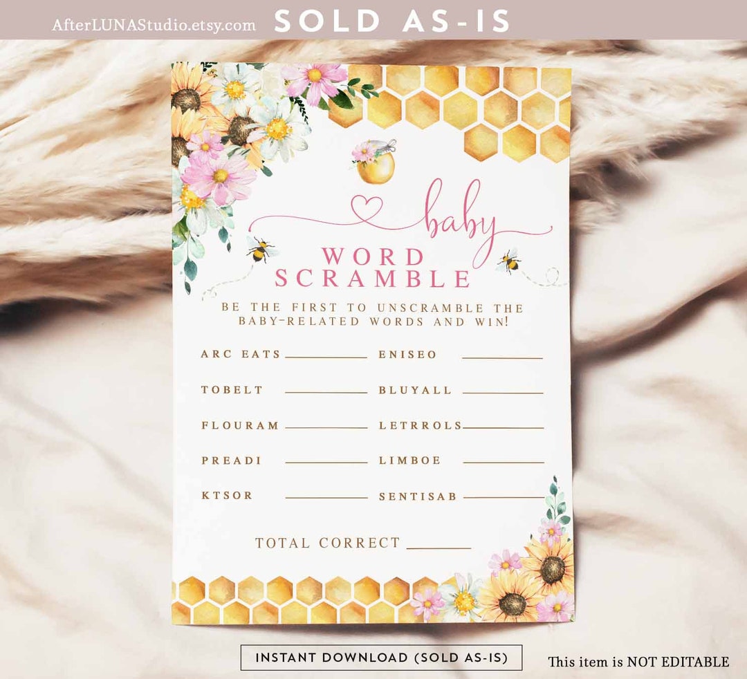 Sunflower Pink Daisy Bumble Bee Baby Word Scramble Game Baby Shower ...