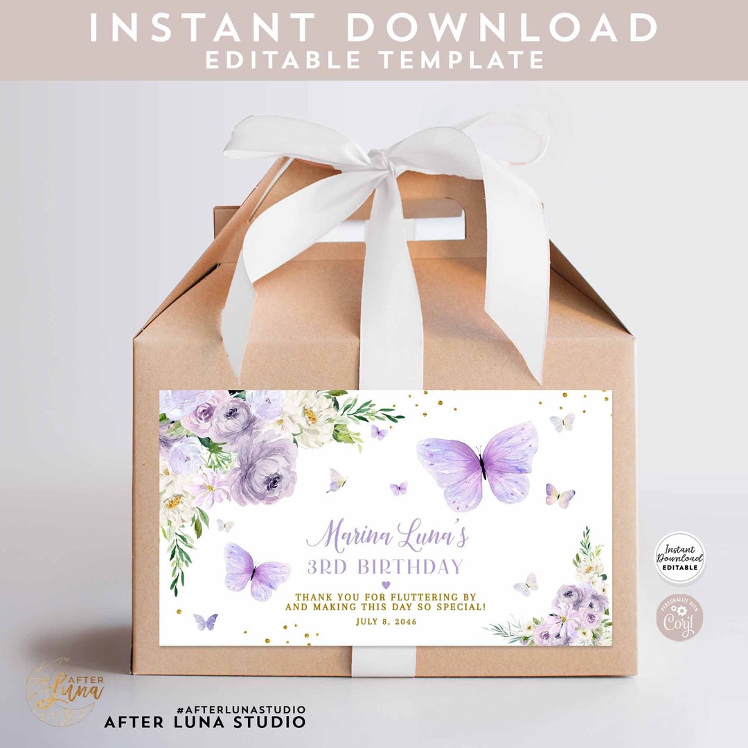Butterfly Birthday Gable Box Label: Purple Lavender Gold Shower ...