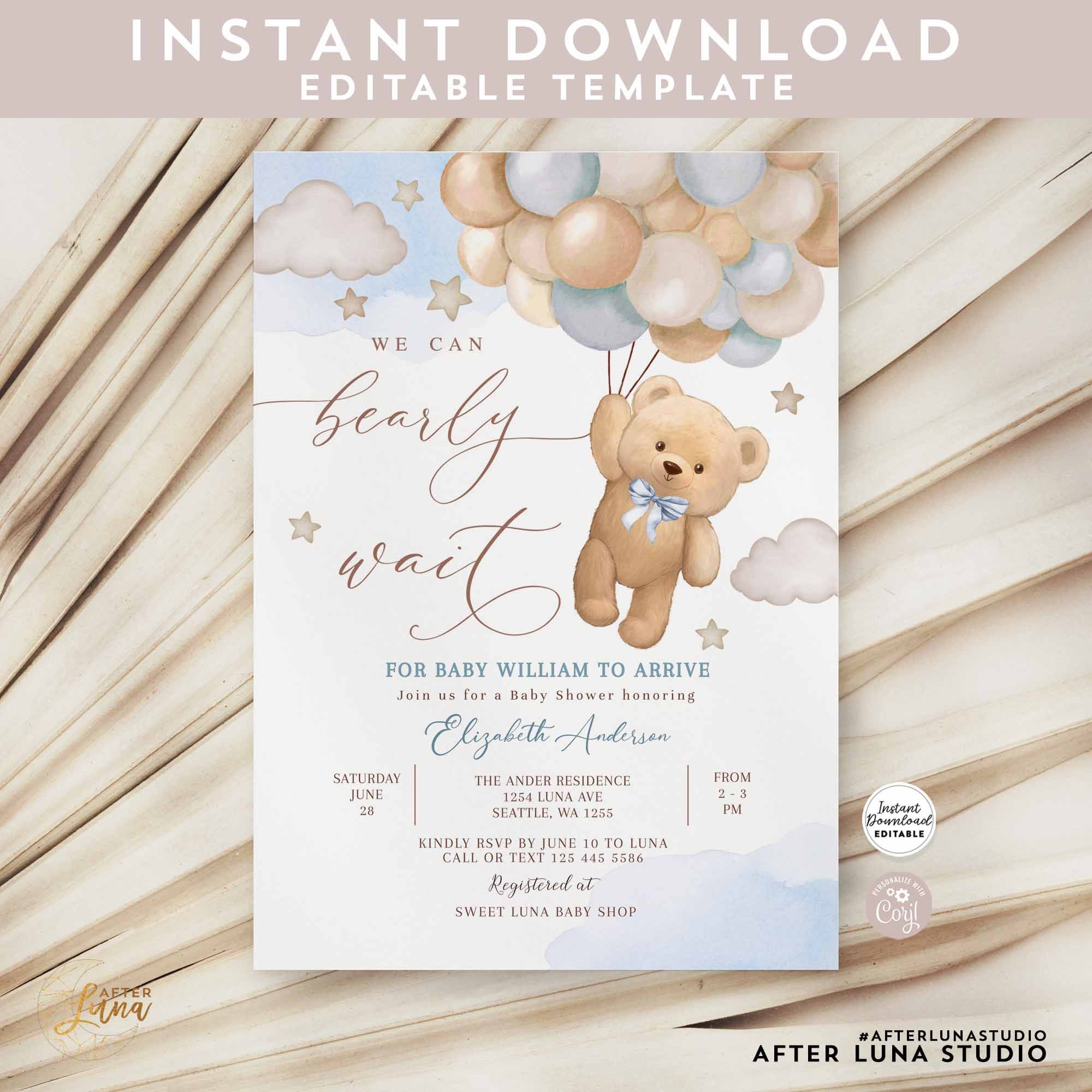 Editable Blue We Can Bearly Wait Teddy Bear Balloon Bear Theme Baby ...