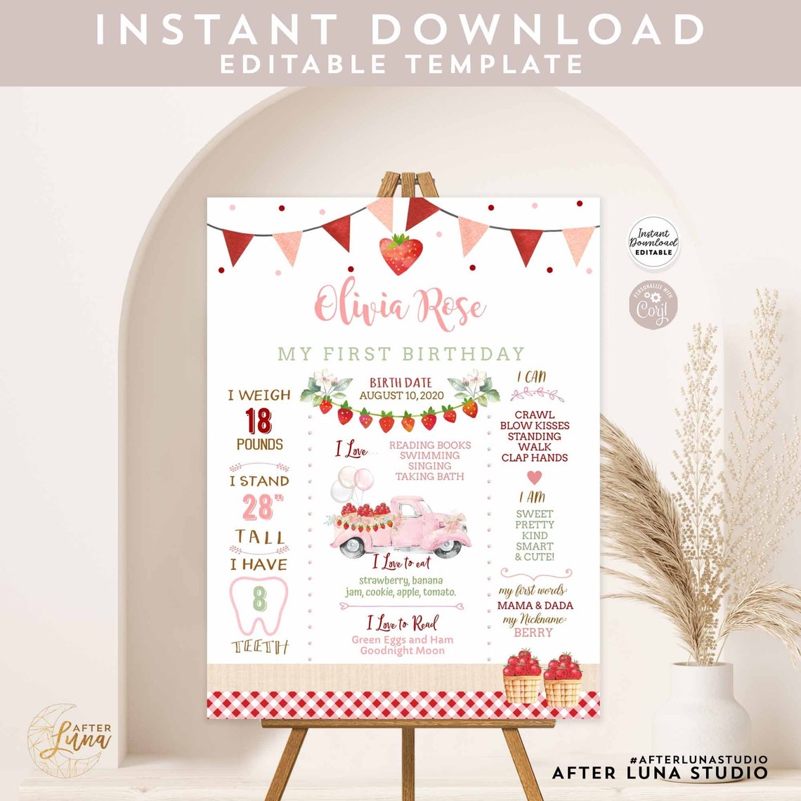 Editable Strawberry Truck Milestone Poster Template Birthday Facts ...
