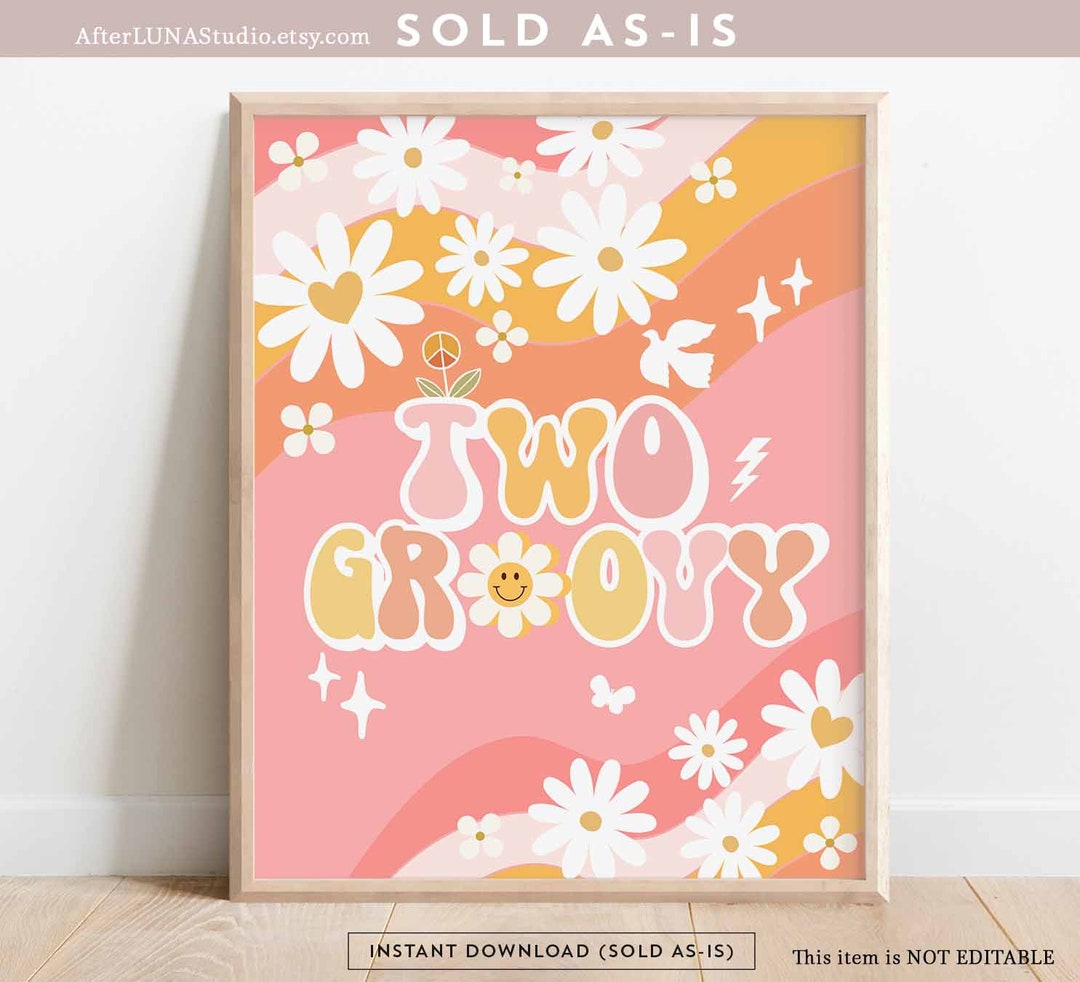 Pink Groovy Birthday Party Decor Peach Pink Daisy Two Groovy Table Sign ...