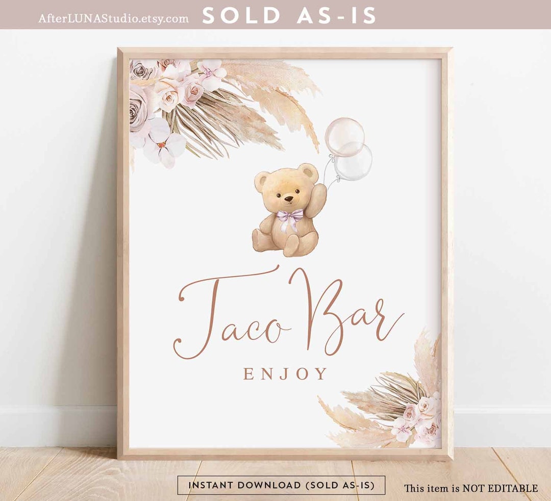 Pink Pampas Grass Girl Teddy Bear Taco Bar Sign Boho We Can Bearly Wait ...
