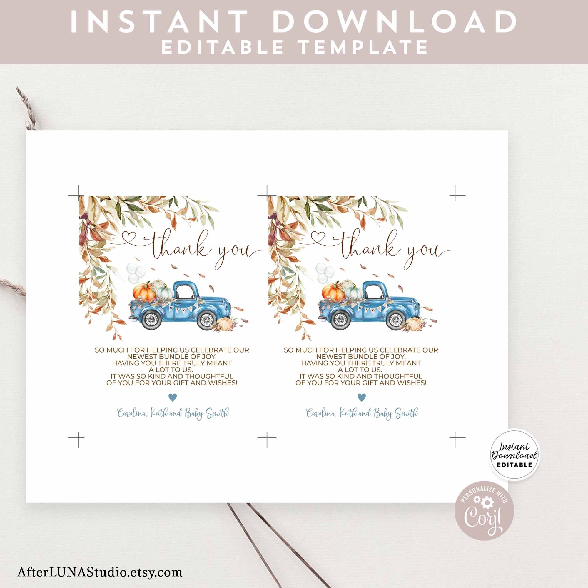 Editable Fall Pumpkin Blue Pickup Truck Baby Shower A2 Thank You Flat ...