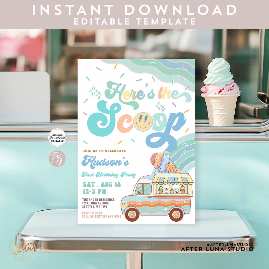 Editable ANY AGE Ice Cream Truck Birthday Invite Rainbow Sprinkle ...