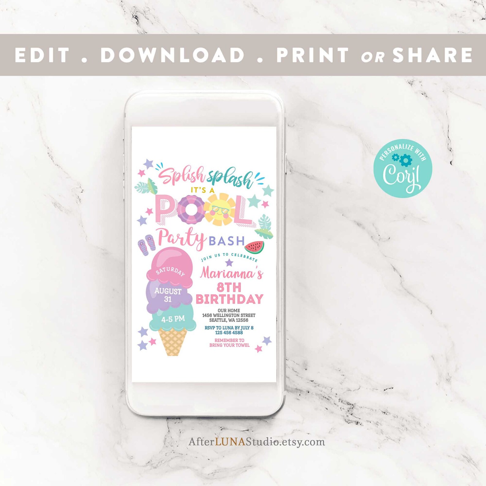 Editable Pool Party Invitation Girl Ice Cream Pool Party Invite Pool ...