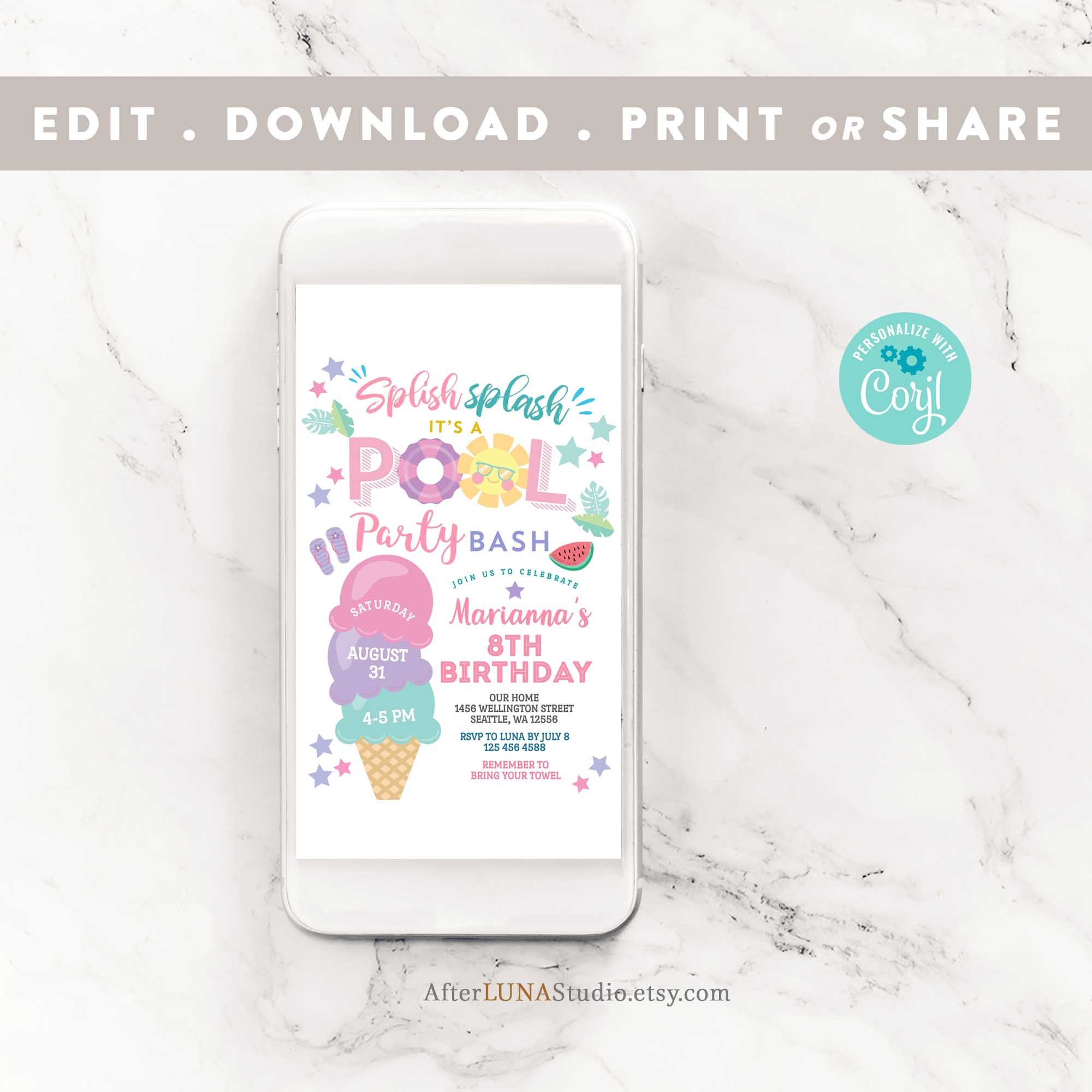 Editable Pool Party Invitation Girl Ice Cream Pool Party Invite Pool ...