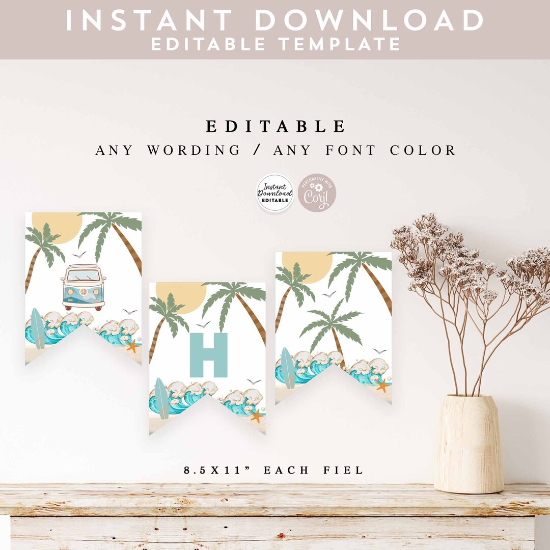 Editable Pennant Banner Blue Van Retro the Big One Surf's up Surfing ...