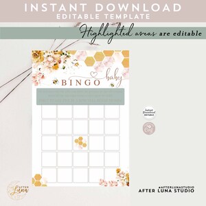 Editable Blush Floral Bee Boho Bee Baby Bingo Game Sign Baby Shower ...