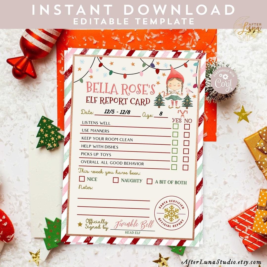 Editable Girl Elf Report Card Printable: Christmas Elf Activity Games ...