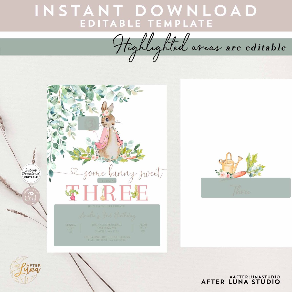 Editable Flopsy Bunny 3rd Birthday Pink Peter Rabbit Birthday ...