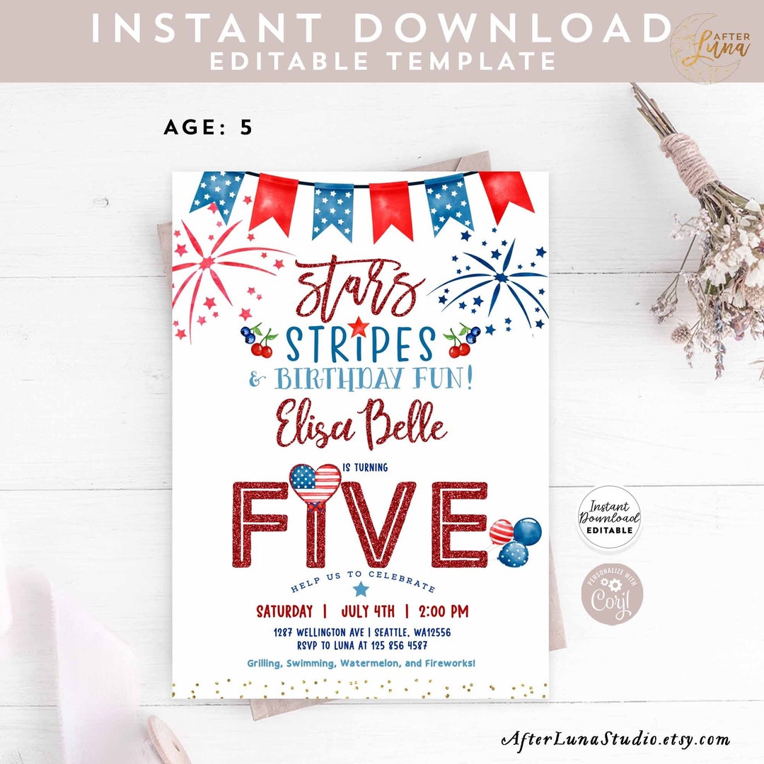 Editable 5th Birthday 4th of July Birthday Invitation Girl Fourth of ...