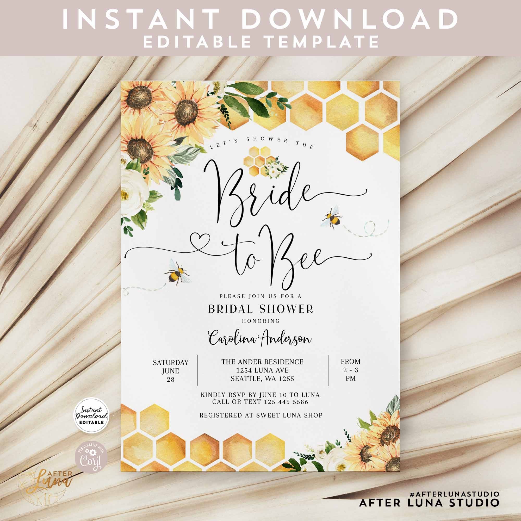 Editable Sunflower Bride to Bee Rustic Bridal Wedding Couple Shower ...