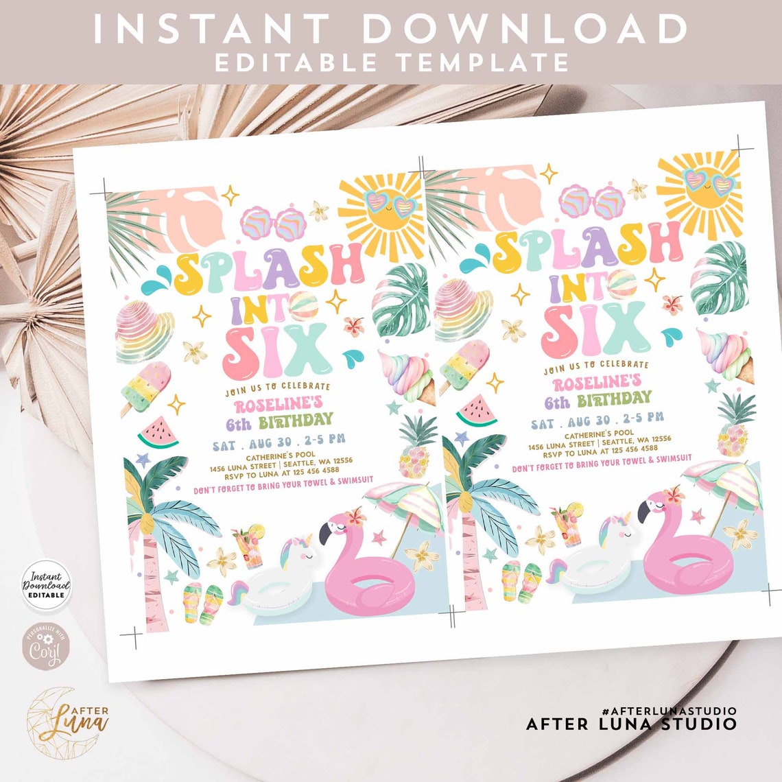 Editable Girl Tropical Splash Into SIX 6th Birthday Beach Party ...