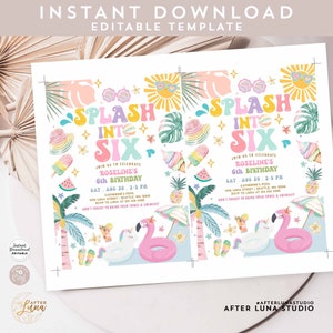 Editable Girl Tropical Splash Into SIX 6th Birthday Beach Party ...