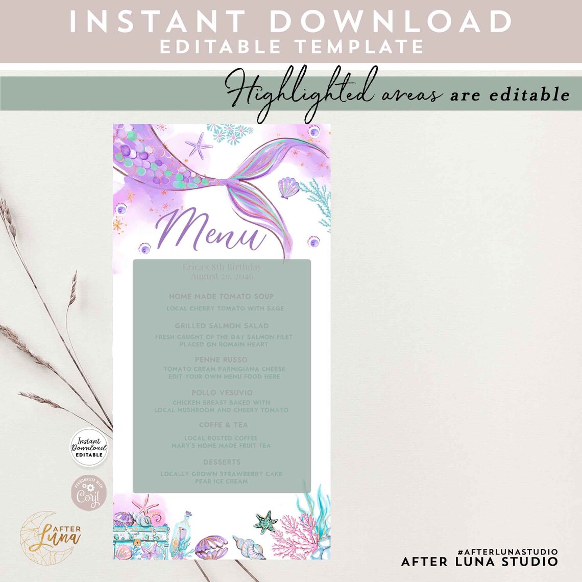 Editable Purple Mermaid Under the Sea Oneder the Sea Menu - Etsy