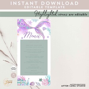 Editable Purple Mermaid Under the Sea Oneder the Sea Menu 4x8" Birthday ...