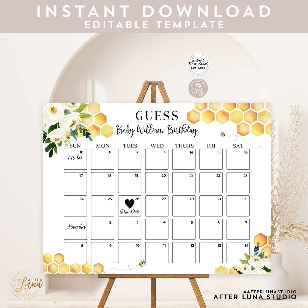 Editable Rustic Honey Bee White Floral Due Date Calendar Sign 18x24 ...