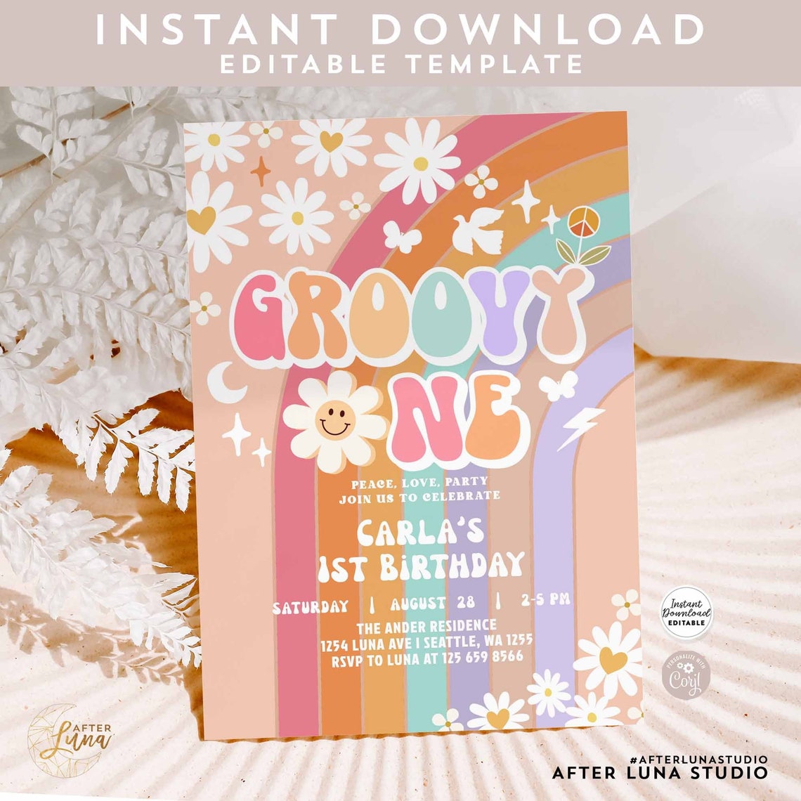 Editable Groovy One Invite Daisy Rainbow Groovy ONE 1st - Etsy