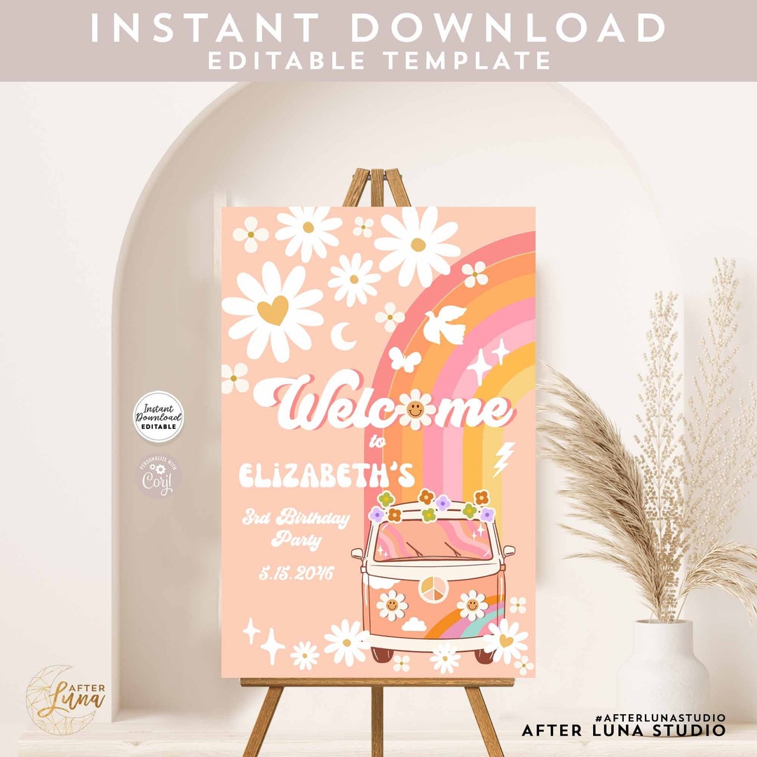 Editable Groovy Girl Pink Peach Van Party Decor Welcome Sign Daisy ...