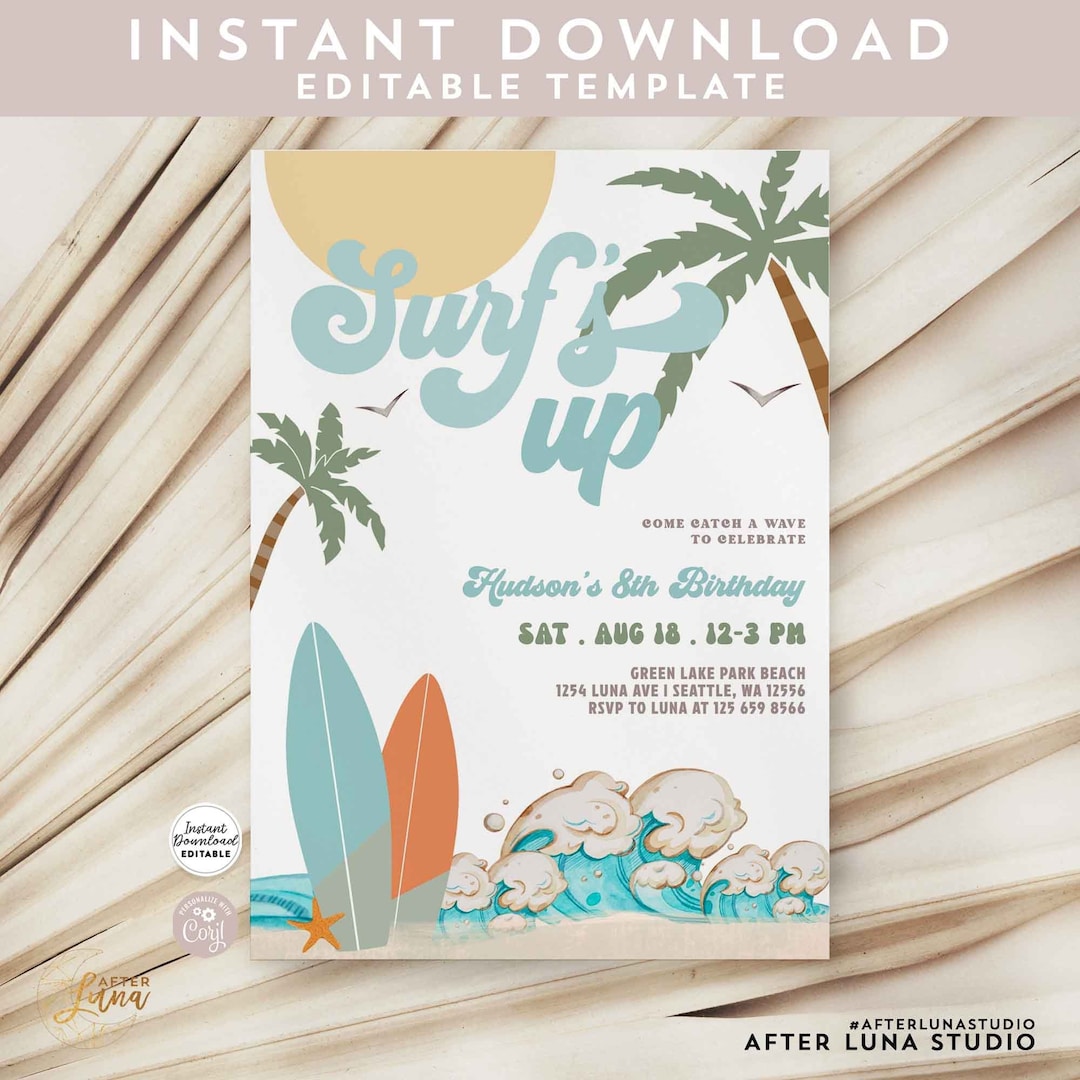 Editable ANY AGE Boy Surf Surfing Birthday Party Invitation Retro Boy ...