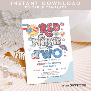 Editable Girl 4th of July Pool Party Red White and TWO 2nd Birthday ...