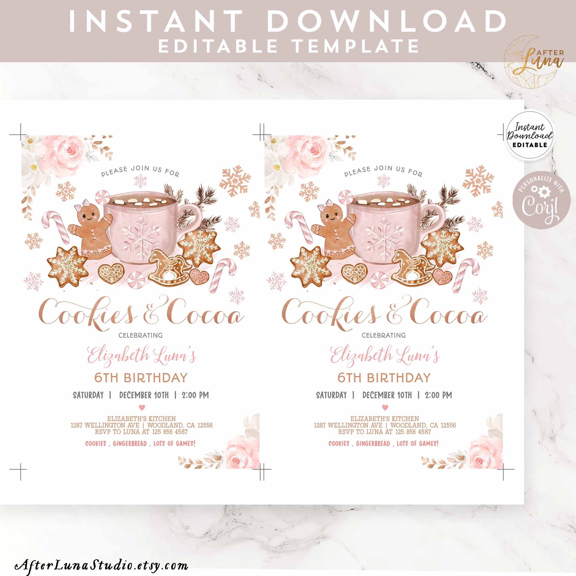 Editable Cookies and Cocoa Birthday Invitation Pink Rose Gold - Etsy