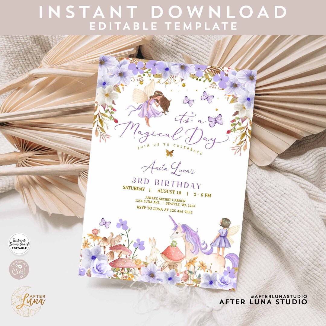 Editable Enchanted Magical Unicorn Fairy Birthday Invitation Garden ...